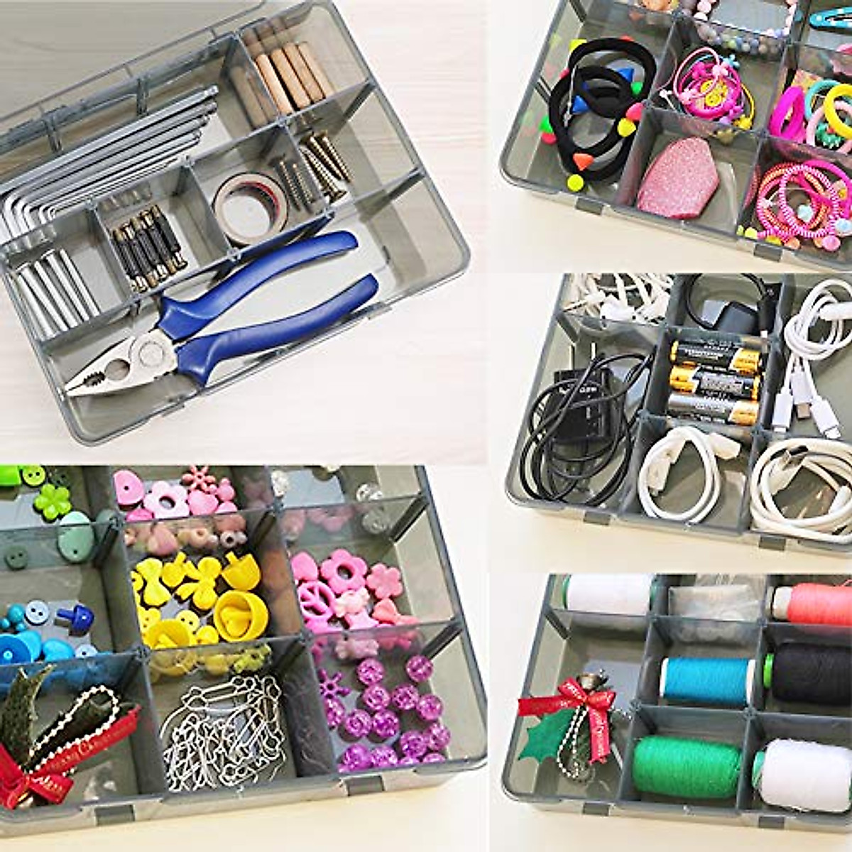 Vidifor 12 Girds Large Plastic Craft Storage Containers, Compartment Storage Container, Parts Storage Box with Adjustable Dividers for Sewing Arts, Washi Tape Batteries Electronics Parts and more