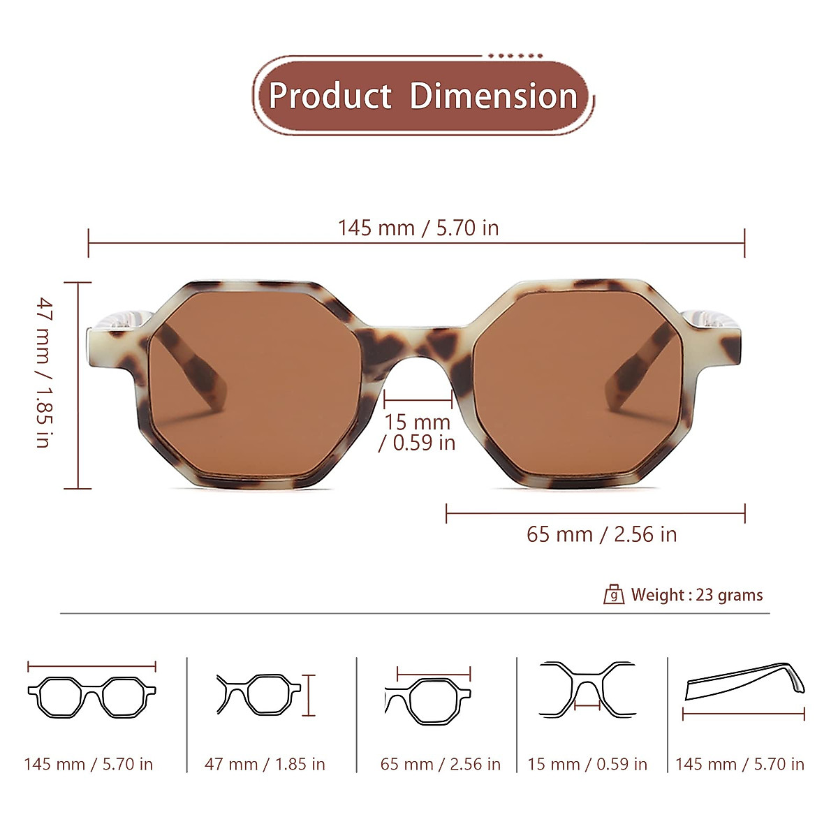 Freckles Mark Retro Hexagon Sunglasses for Men Women Vintage Small Square Glasses (Brown/Tortoise)