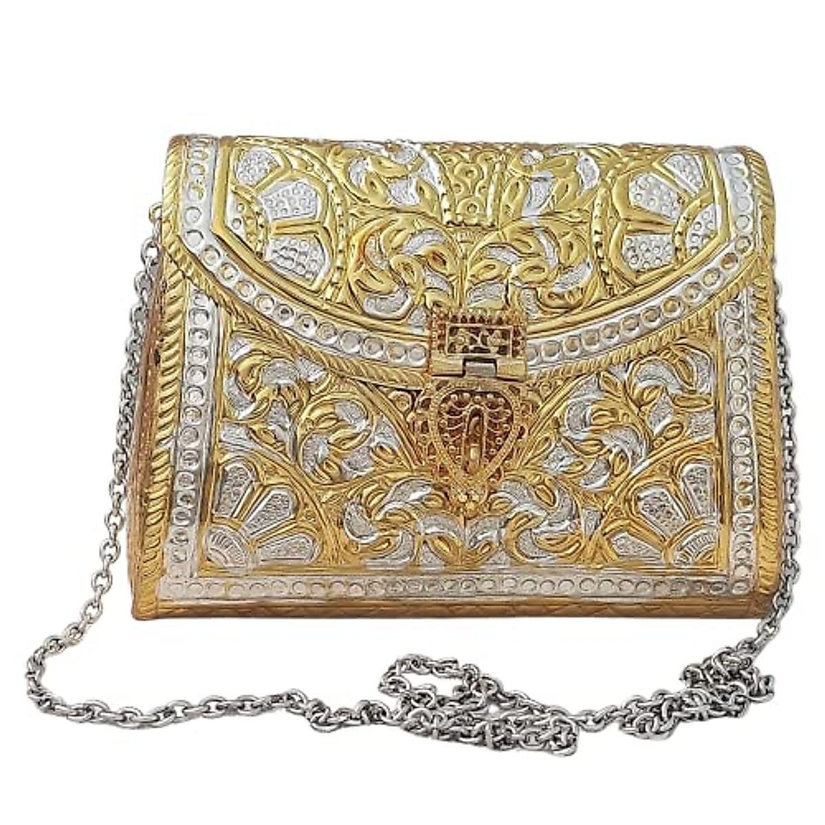 Trend Overseas Golden Metal bridal bag Brass Metal Clutch Sling Bag Ethnic Antique clutch, Golden