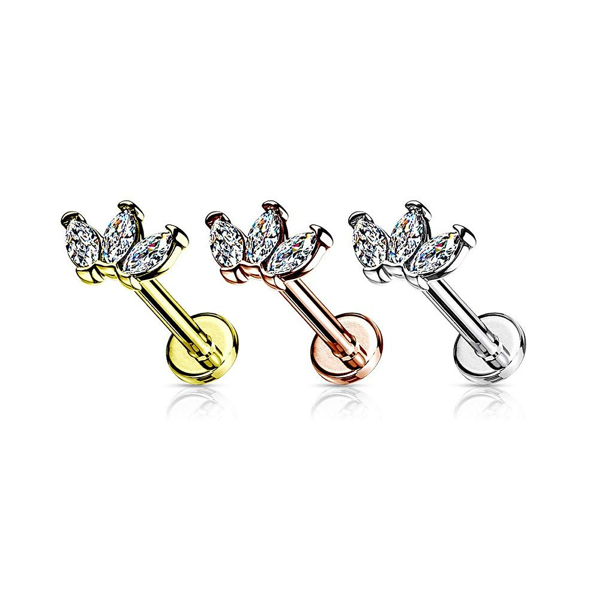 Pierced Owl 16G Stainless Steel Internally Threaded Triple Marquise CZ Crystal Top Flat Back Lip Cartilage Tragus Stud (Gold Tone, 8mm Barbell)