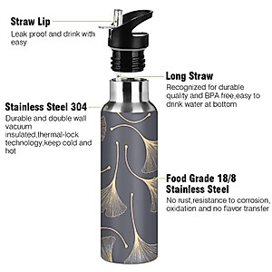 Ginkgo Leaves Leak Free Insulated Bottles with Handle 32 oz Vaccuum Bottle with Straw Lid Thermal Bottle for Hot & Cold Drinks BAP-Free