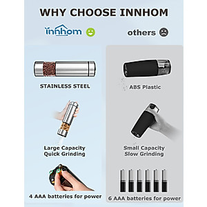 innhom Electric Salt and Pepper Grinder Set Battery Operated Stainless Steel Salt Grinder Pepper Mill Automatic Salt and Pepper Grinder Set with Adjustable Coarseness