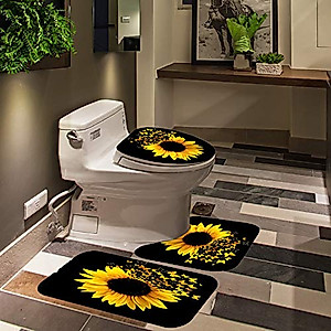 Jayden&Madge 4PCS/Set Magic Butterfly Sunflower Shower Curtain Flower Bathroom Set, Waterproof Fabric Cloth Bath Curtain, Non-Slip Bathroom Rugs Toilet Rugs Bath Mats, Floral Bathroom Decor, Butterfly