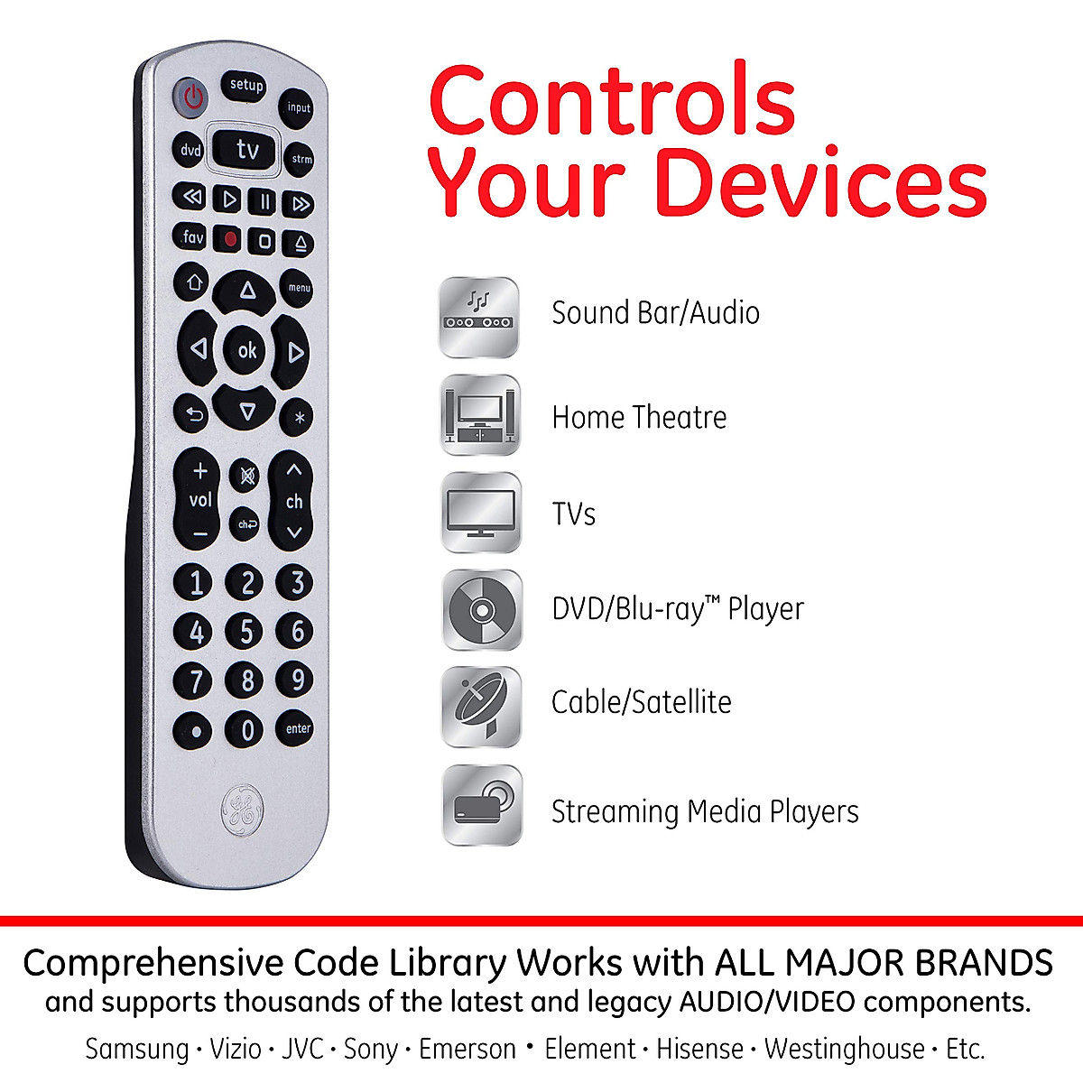 GE Universal Remote Control for Samsung, Vizio, Lg, Sony, Sharp, Roku, Apple TV, TLC, Panasonic, Smart TVs, Streaming Players, Blu-Ray, DVD, 3-Device, Silver, 34928