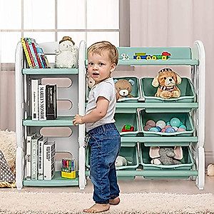 Costzon Kids Bookshelf with Toy Organizers and Storage, Multi-Purpose 4-Tier Shelf & 6 Removable Plastic Bins to Organize Books Toys, Toddler Bookcase for Playroom, Bedroom, Daycare, Nursery (Green)