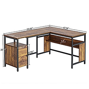 CubiCubi L Shaped Desk with File cabinets, 59.1 Inch Corner Computer Desk, Home Office Gaming Writing Workstation with Storage Shelves, Deep Brown