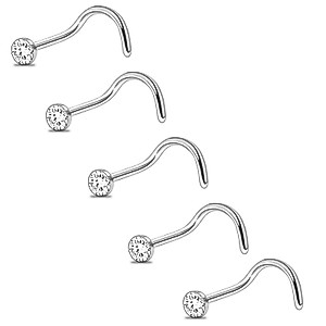 DAILI 20G Gold Nose Rings Studs: Surgical Steel L Shaped Nose Studs Hypoallergenic Corkscrew Nose Rings Tiny CZ Bone Zircon nose stud set for Women Men (12Pcs) (Silver 5PCS)