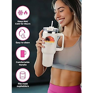 40 ounce insulated cup with handle, double-layer vacuum stainless steel material, equipped with straw, can keep warm or maintain cold drinks Dusk Sunset Palm Trees Sunset Bright pink