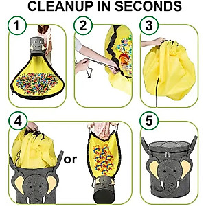 Foldable Toy Storage Basket with Play Mat, Children Toy Organizer with Anti Dust Lid, Portable Cartoon Drawstring Toy Storage Bucket, Quick Cleanup Container for Store Children's Toys (Elephant)