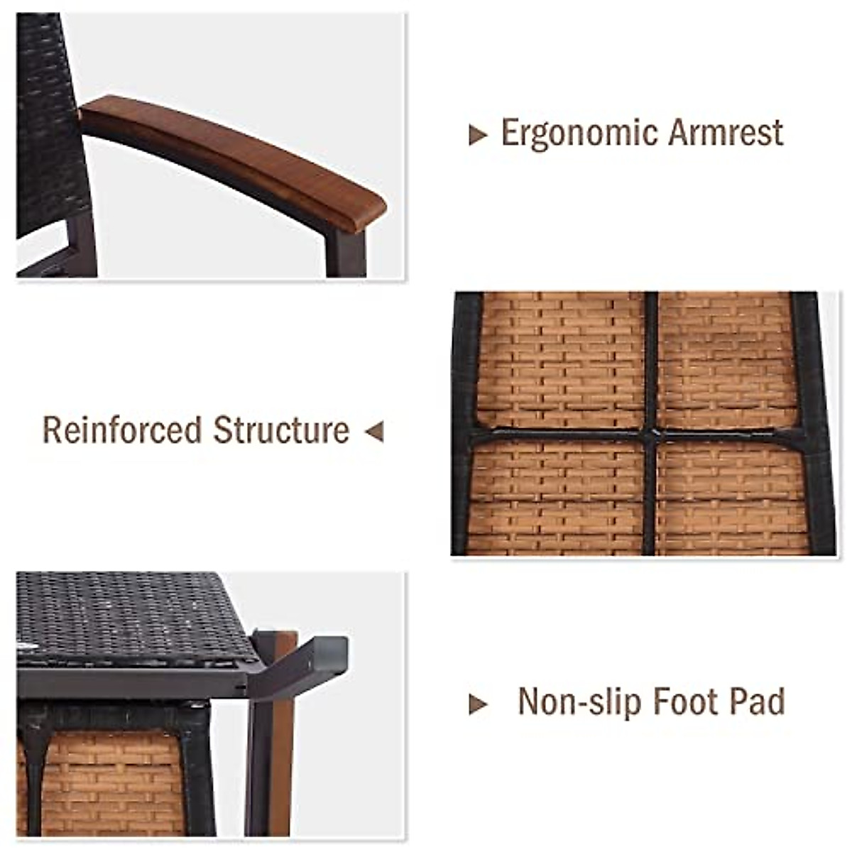 Tangkula 2 Pieces Outdoor PE Wicker Stackable Chairs, Patio Dining Chairs with Solid Acacia Wood Armrests, Indoor Outdoor Bistro Chairs for Garden, Poolside and Backyard (1, Mix Brown)