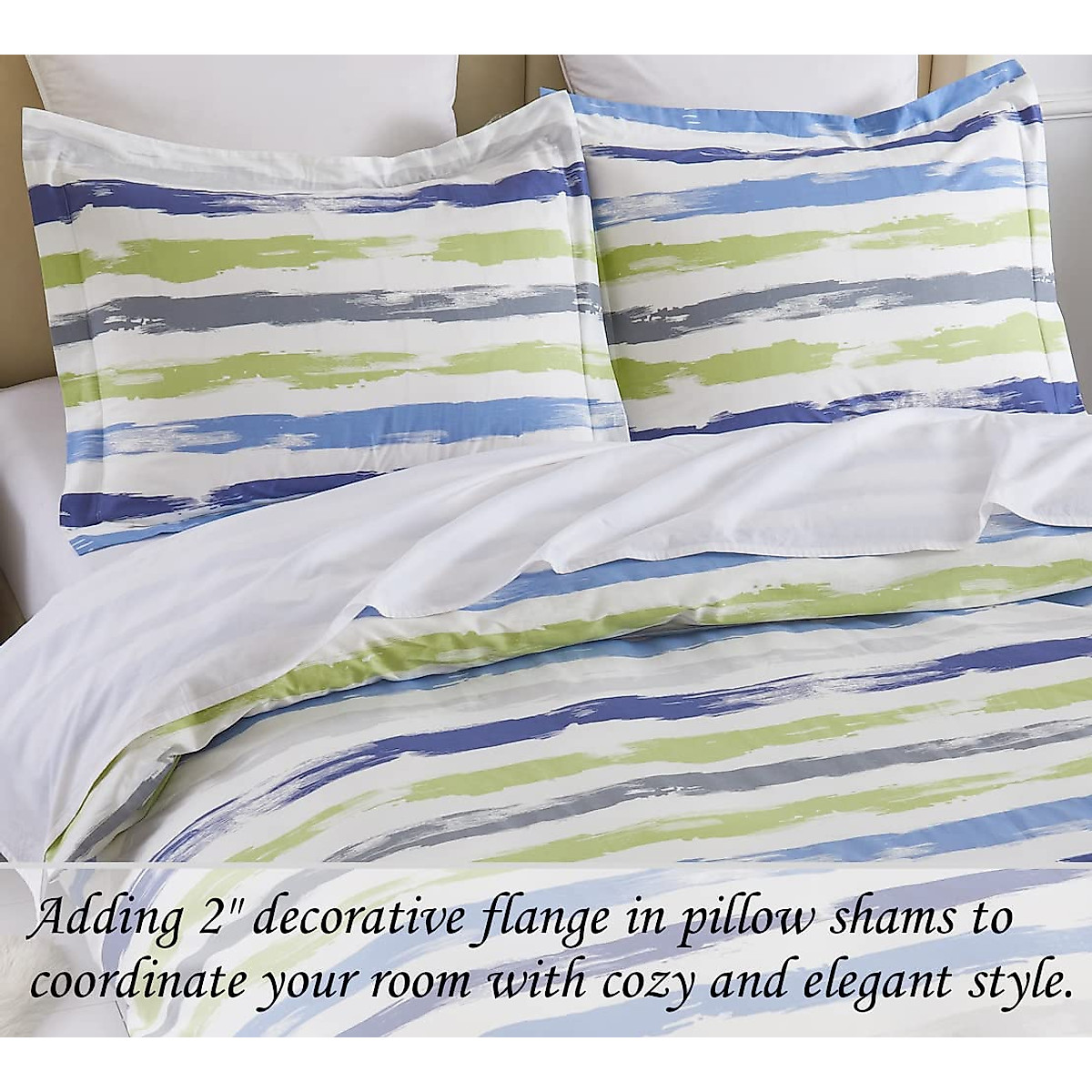 DAUAOTO Queen Size 90"X90" Duvet Cover Set, Print Cotton Teens Kids Bedding, Green Blue Striped