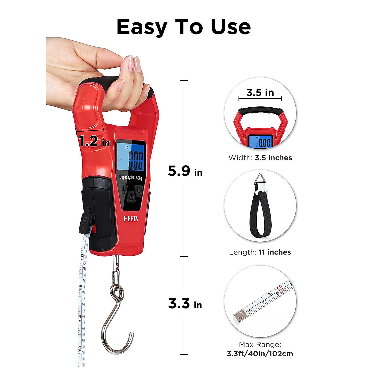 HEETA Waterproof Fish Scale Digital with Backlit LCD Display, 110lb/50kg Portable Hanging Scale Fishing Scale for Home and Outdoor, Measuring Tape and 2 AAA Batteries Included (Red)