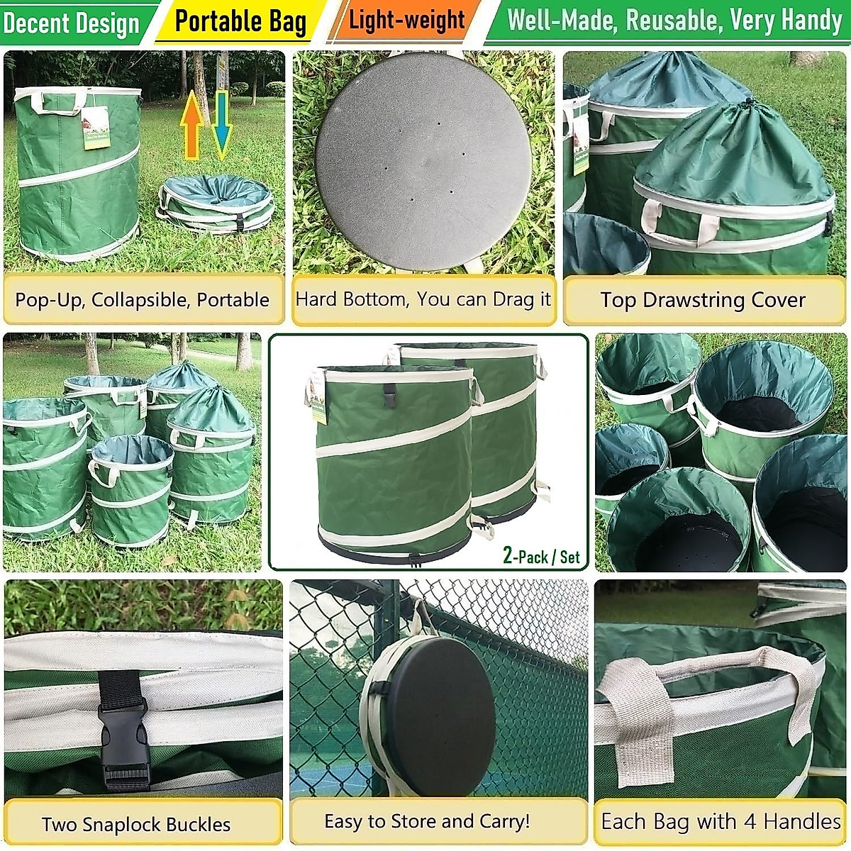 16 Gallon & 24 Gallon Collapsible Trash Can with Solid Bottom Yard Garden Bag for Pop-Up Trash Can,Recycling Bin,RV Camping Waste Bin,Home Laundry Hamper,Yard Waste Bag,Debris Bag,Lawn Grass,Leaf Bags