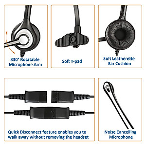 Wantek Corded Telephone Headset Monaural with Noise Canceling Mic + Quick Disconnect Work for Yealink SIP-T19P T20P T21P T22P T26P T28P T32G T41P T38G T42G T46G T48G Avaya 1608 9611G IP Phones(600QY1)