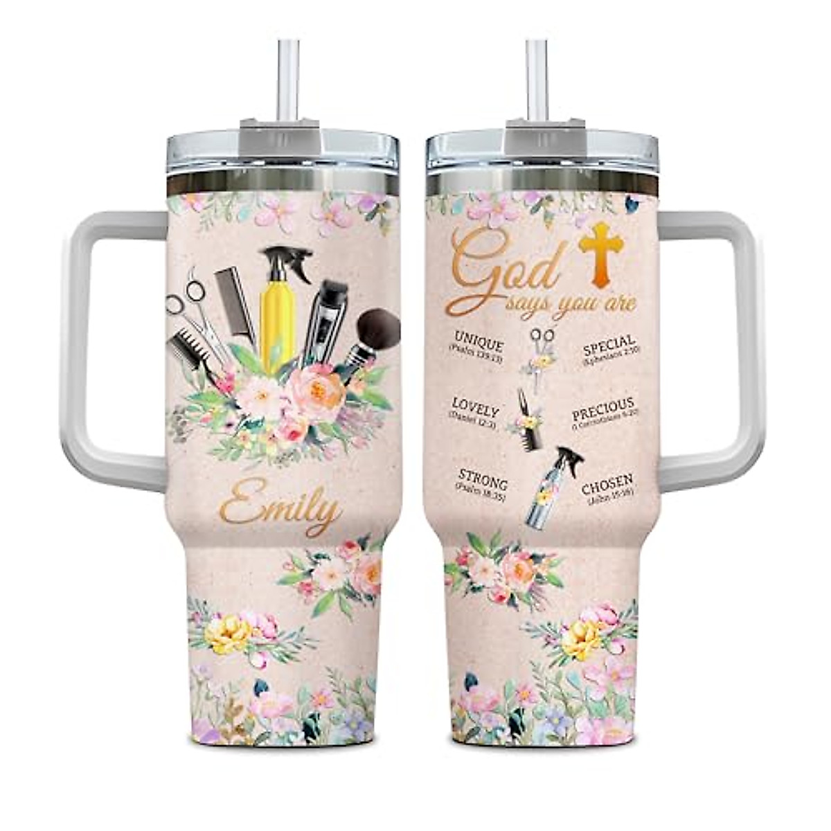 Hyturtle Personalized HairStylist Tumbler Gift For HairStylists Christian God Says You Are Cup With Name 40oz Tumbler with Handle&Straw Lid Hairdressing Hairdresser Coffee Cup Flower Print Cosmetology