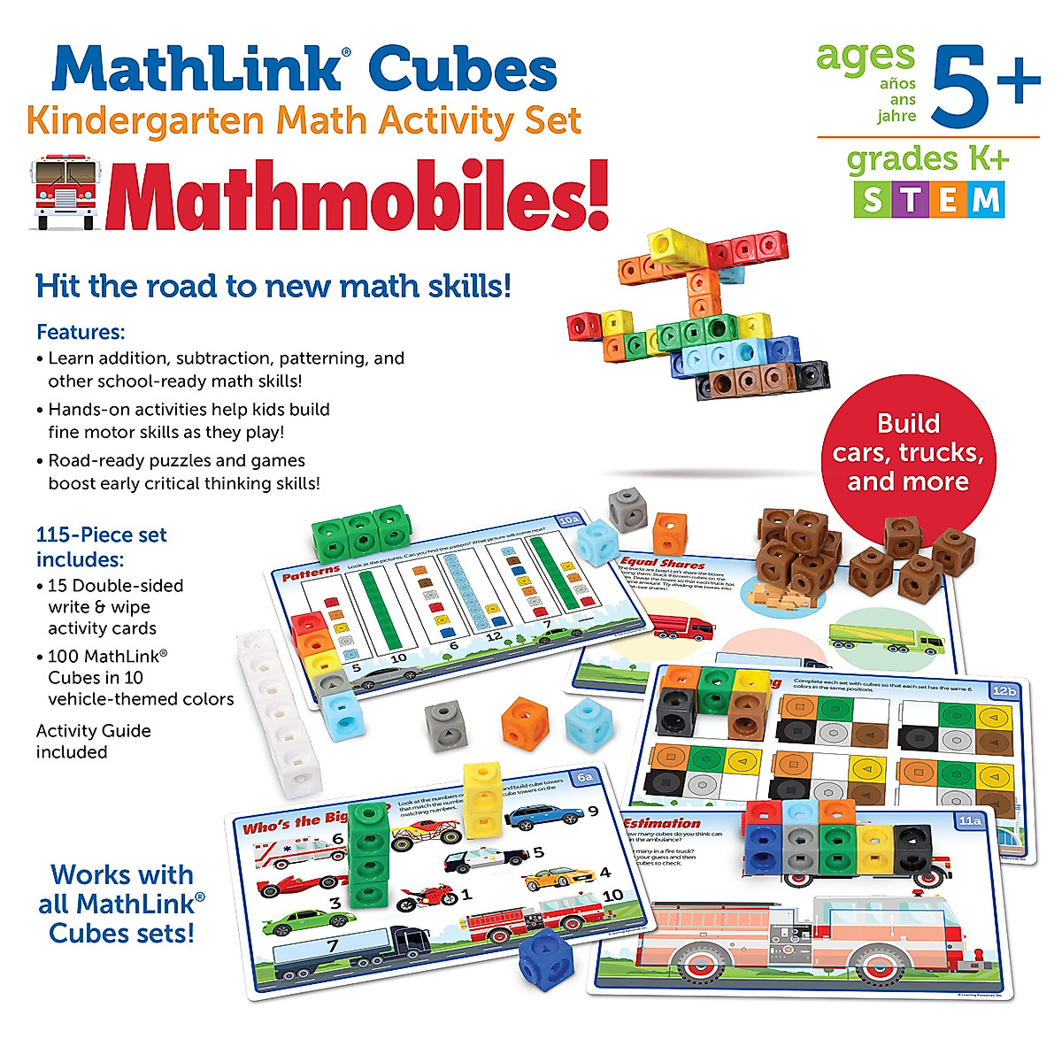 Learning Resources MathLink Cubes Kindergarten Math Activity Set: Mathmobiles! 115 Pieces, Ages 5+ Kindergarten STEM Activities, Math Activity Set and Games for Kids