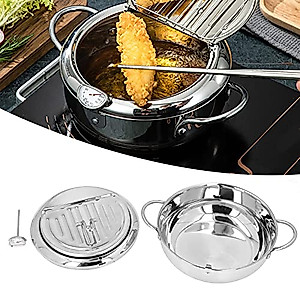 Deep Fryer Pot, Stainless Steel Deep Frying Pot, Small Deep Fryer Stainless Steel Deep Fryer Pot with Temperature Control Oil Drain for French Fries Fish Chicken(L)