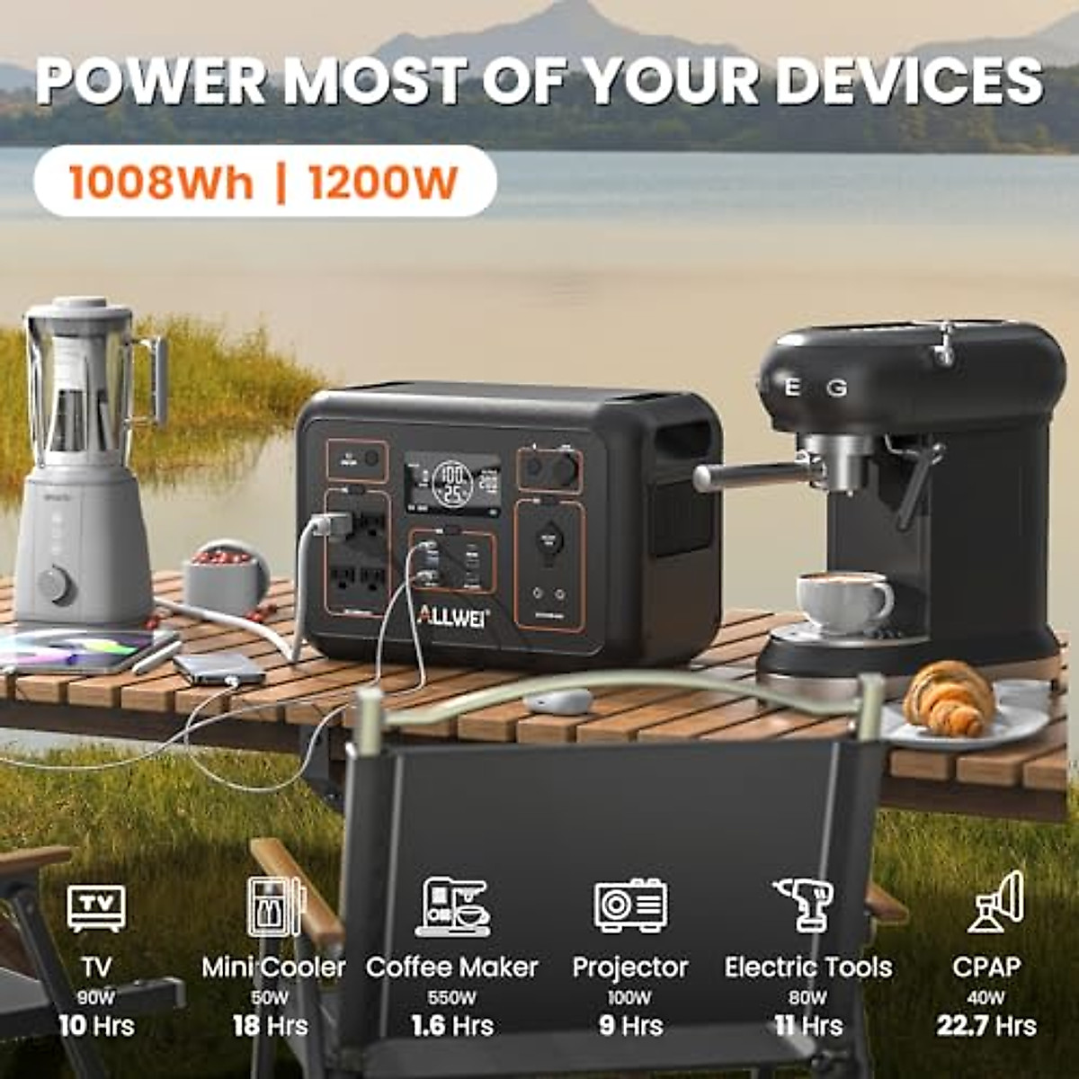 ALLWEI LiFePO4 Solar Generator 1200W(2400W Peak) with 1 * 200W Solar Panel, Fast Charge in 1.5Hrs, 1008Wh Portable Power Station, 4 AC Outlet, UPS Mode, Power Generator for Camping Outdoor Emergency