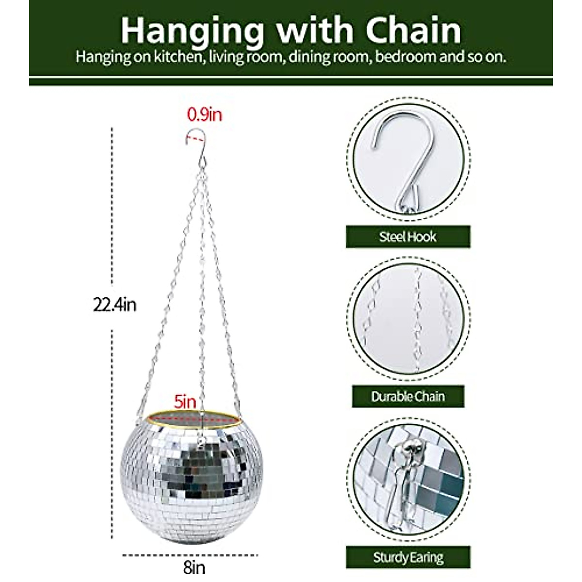 RUBY.Q Disco Ball Planter, 4"/6"/8" Silver/Rose Gold Disco Planter, Disco Ball Plant Hanger with Rope Chain Circle (8", Silver)