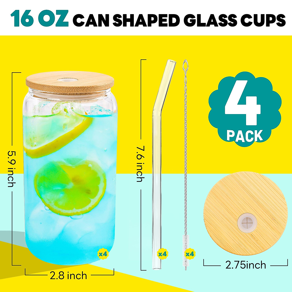 Joyclub Glass Cups with Bamboo Lids and Straws 4 Set 16 oz Reusable Iced Coffee Cup Beer Can Drinking Jars for Smoothie Whiskey Boba Soda Tea Gift
