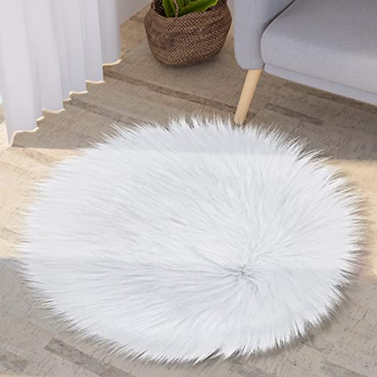 Sibba Faux Fur Small Area Rug Chair Desk Sofa Cover Carpet 35 cm Fluffy Plush Seat Pad Protectors for Home Bedrooms Aesthetic Decor (White Round)