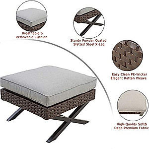 Festival Depot Wicker Patio Ottoman Metal Footstool with Thick Cushion and X Shaped Steel Legs Foot Rest Outdoor Furniture for Garden Yard Lawn All-Weather