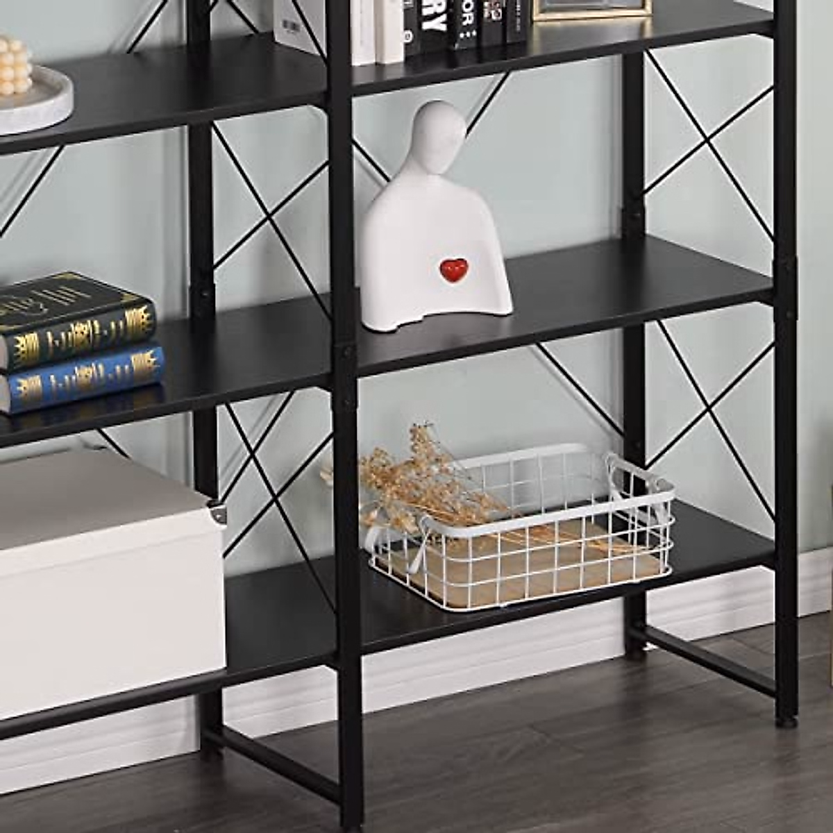 MELLCOM Double Wide 6-Tier Bookshelf, Industrial Open Large Bookcase, Wood and Metal Tall Bookshelves for Living Room Bedroom Office, Black