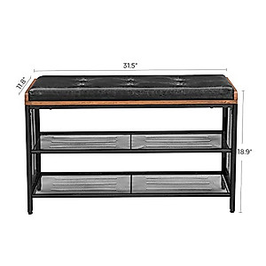 VASAGLE Padded Storage Bench with Mesh Shelf, Shoe Rack, Metal Frame, Easy Assembly, Space Saving, Imitation Leather, 31.5”L x 11.8”W x 18.9”H (80 x 30 x 48 cm), Rustic Brown