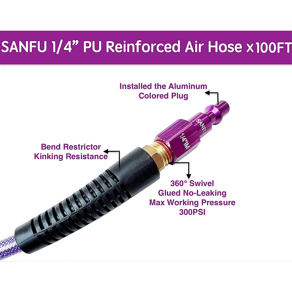 SANFU Polyurethane(PU) Air Hose 1/4-Inch x 100ft Reinforced, lightweight Anti-low temperature 300PSI with 1/4” Swivel Industrial Aluminum Quick Coupler and Plug, Bend Restrictor,Purple(100’)