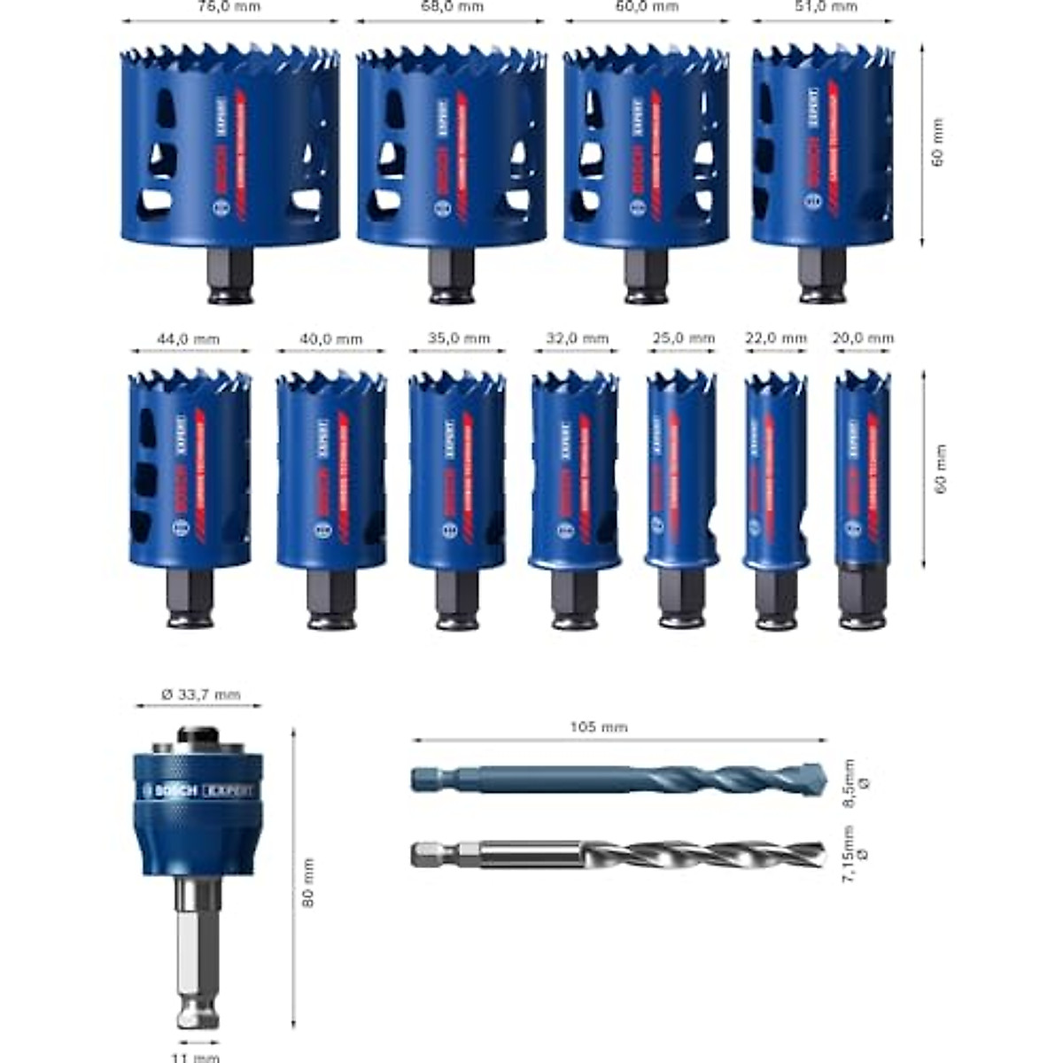 Bosch Professional 14x Expert Tough Material Hole Saw Set (Ø 20-76 mm, Accessories Rotary Impact Drill)