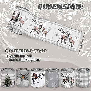 AnyDesign 6 Roll Christmas Wired Ribbon Farmhouse Rustic Craft Ribbon Grey Buffalo Plaid Snowman Snowflake Reindeer Xmas Tree Eucalyptus Gift Ribbon for Xmas Crafts Bow Wreath Gift Wrapping, 30 Yards