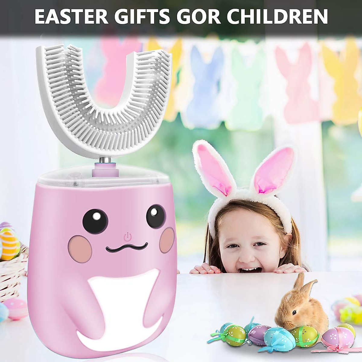 Kids U Shape Electric Toothbrushes Ultrasonic Whole Mouth Auto Toothbrush with 6 Cleaning Modes 2 Brush Heads Brushing Timer Lights IPX7 Waterproof Rechargeable Cartoon Design for Ages 2-6