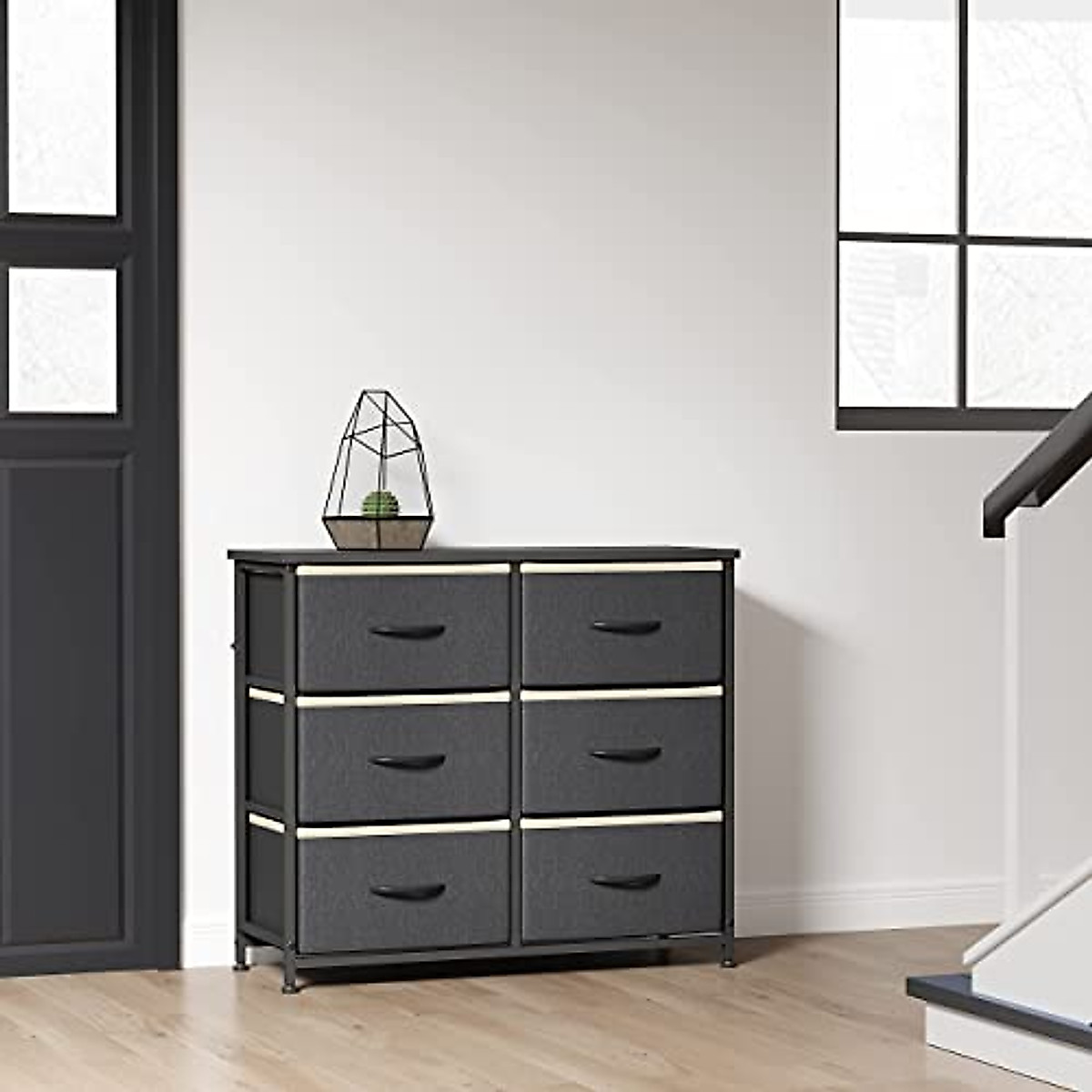 FEZIBO Dresser Organizer, Chest of Drawers-Dresser for Bedroom, Hallway, Entryway, Closets, Furniture Storage Tower-Steel Frame, Wood Top, 6 Drawers Organizer Units-Black Grey White Edge