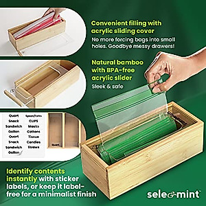 Bag Storage Organizer for Drawer - Ziplock Bag Storage Organizer with Slider Cover - Bamboo Food Plastic Baggie Holder & Container, Sandwich & Snack Sized Slider Bags Dispenser for your kitchen drawer