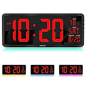 YORTOT 16” Large Digital Wall Clock with Remote Control - Adjustable Dimmer, 7 Color Night Lights, Big LED Clock with Indoor Temperature, Date, Auto DST, 12/24Hour, Wall Mount/Foldable Stand