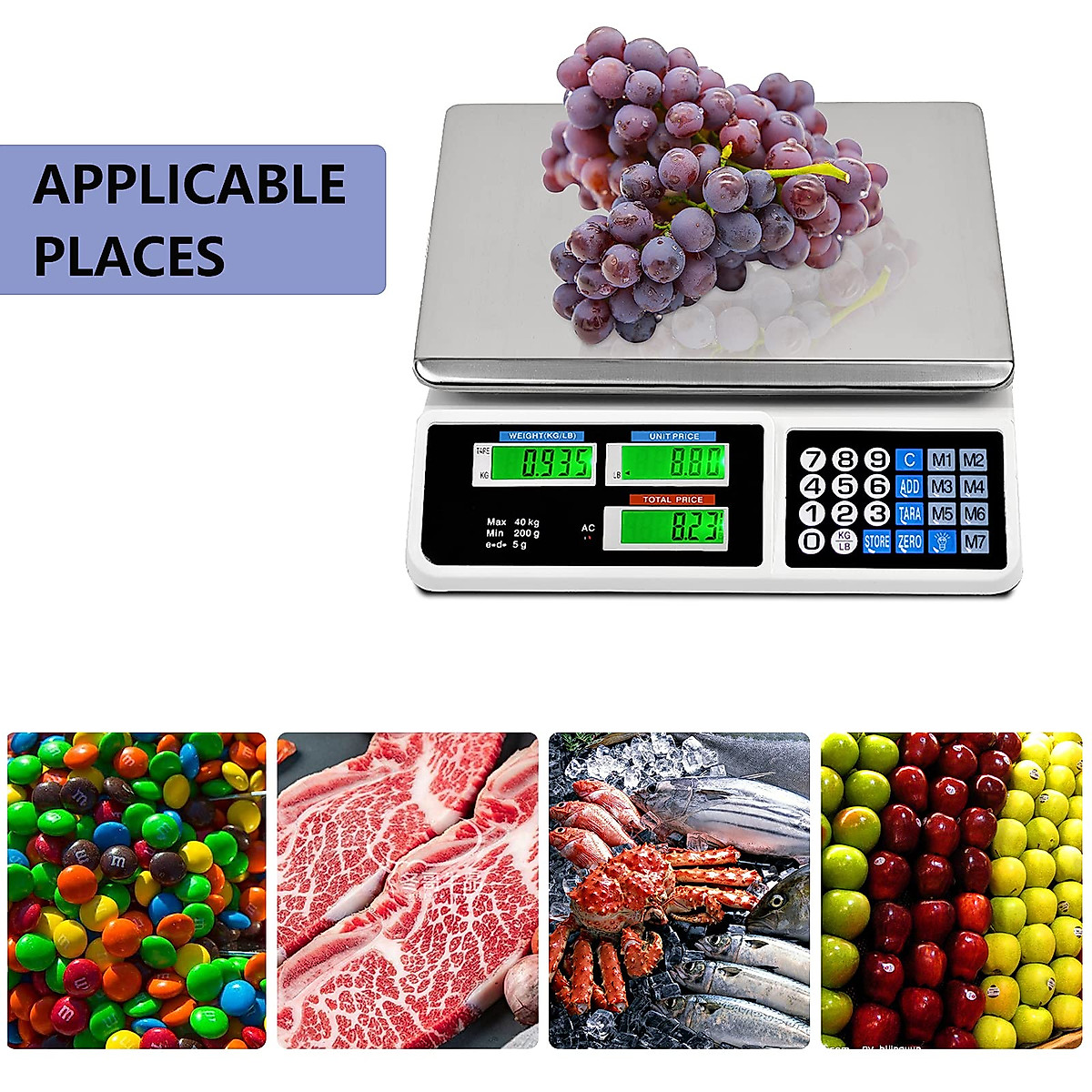 DEARCOOL Digital Commercial Price Scale, 88LB/40KG Electronic Price Computing Scale, Commercial Food Meat Fruit Weight Scale with LCD Display, Stainless Steel Platform