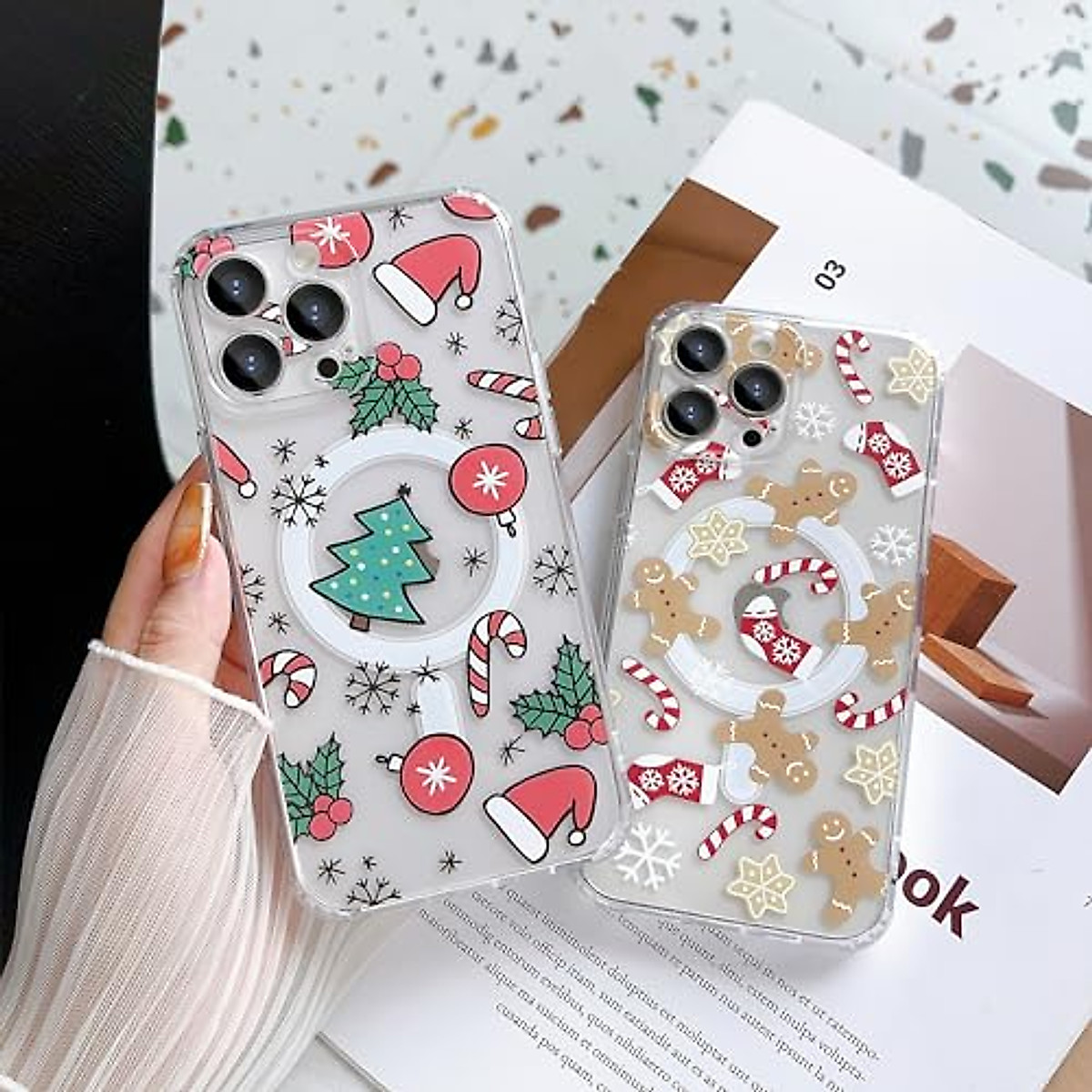 Skyseaco for iPhone 13 Pro Max Case Compatible with MagSafe, Christmas Candy Elk Christmas Tree Pattern, Full Camera Lens Protective Soft and Hard PC Shockproof Case - Christmas Style 01 / Clear