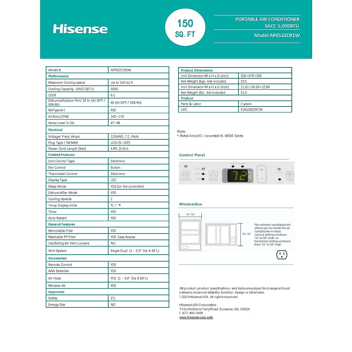 Hisense Portable Air Conditioner 5000-BTU DOE (115-Volt) White Vented, Remote control, Cools 150-sq ft, 24 Hour Timer, 3-modes (Cooling, Fan, Dehumidifier), Noise Level dB 47 - AP0522CR1W (Renewed)