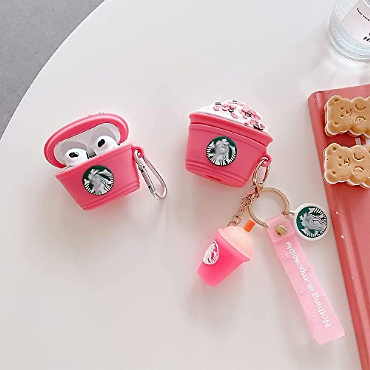 ZBDLXMD Compatible with AirPods 3rd Generation,(2021 Release) Cute 3D Cartoon Kawaii Funny Fun case,Designed with Drink Cup Keychain for Apple AirPods 3 Charging Case(Pink Coffee Cup)