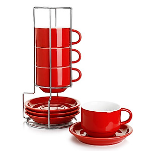 Sweese 8 Ounce Porcelain Stackable Cappuccino Cups with Saucers and Metal Stand - for Specialty Coffee Drinks, Cappuccino, Latte, Americano and Tea - Set of 4, Red