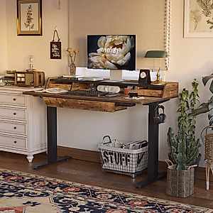 FEZIBO Electric Standing Desk, 55 x 24 Inches with 3 Drawers, Black Frame/Rustic Brown Top with File Cabinet