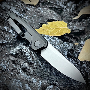Spring Assist Button lock knife, EDC Folding Pocket Knife For Men, Stonewashed Reverse Tanto Blade, Black Aluminum Handles With Reversible Deep Carry Clip for Everyday Outdoor Camping (black handle)
