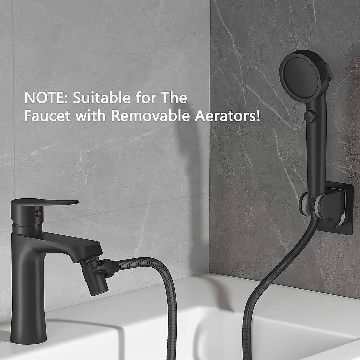 HEROBAI Sink Hose Sprayer Attachment for Faucet, 3 Mode Shower Head Attaches to Tub Faucet with 5 Adapters, High Pressure Shower Head for Bathtub, Handheld Showerhead with Filter (Black)