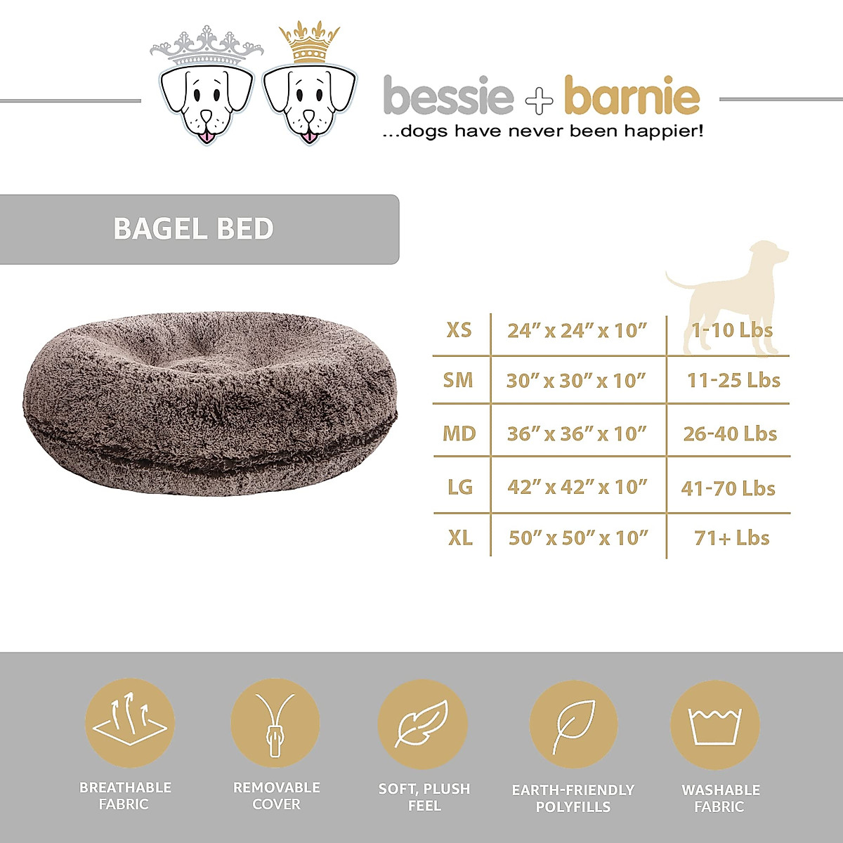Bessie + Barnie Bagel Dog Bed - Extra Plush Faux Fur Dog Bean Bed - Circle Dog Bed - Waterproof Lining and Removable Washable Cover - Calming Dog Bed, Grey Seal, L - 42" (Bagel-GYSL-LG)