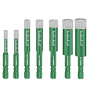 Mgtgbao Green 7PCS Dry Diamond Drill Bits Set, Core Drill bit for Marble Tile Ceramic Stone Glass (NOT for Wood) Hex Shank Diamond Hole Saw Kit Diamond Drill Bits for Porcelain Tile with 3/16 to 5/8