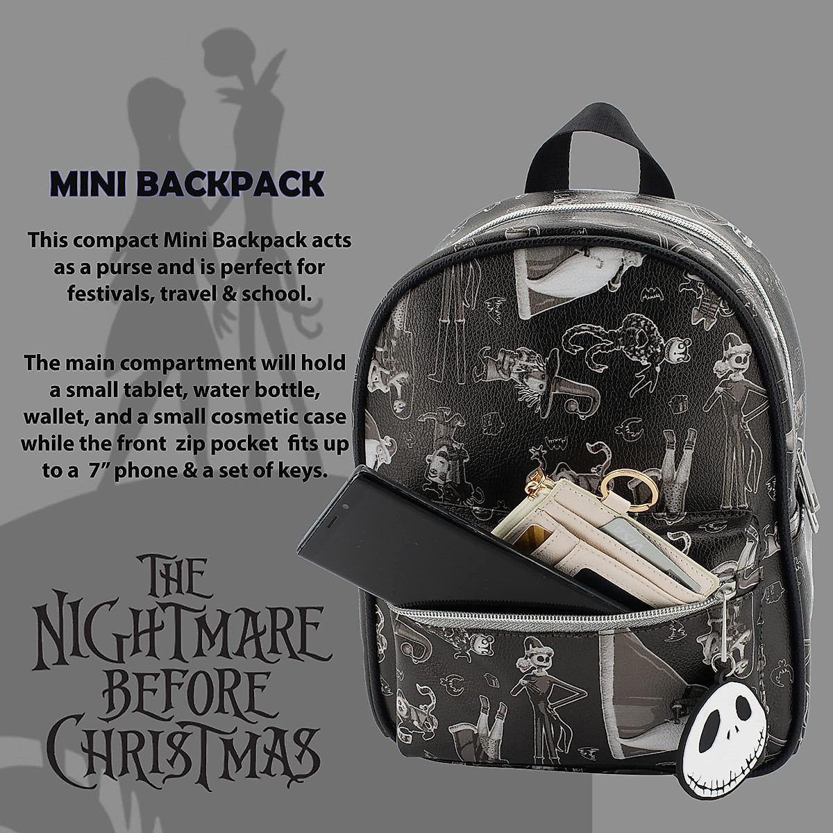 Disney Nightmare Before Christmas Allover Print Double Strap Should Bag, Mini Backpack with Molded Jack Dangle, 10.5 Inches, Adjustable Straps, Faux Leather