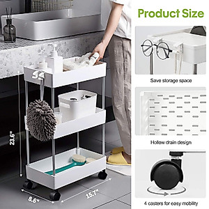 KPX Bathroom Rolling Storage Cart with Wheels Kitchen Utility Cart Casters Mobile Laundry Organizer Shelves for Room Organizers, Make Up, Home School, Dorm Room Office Essentials (3-Tier, White)