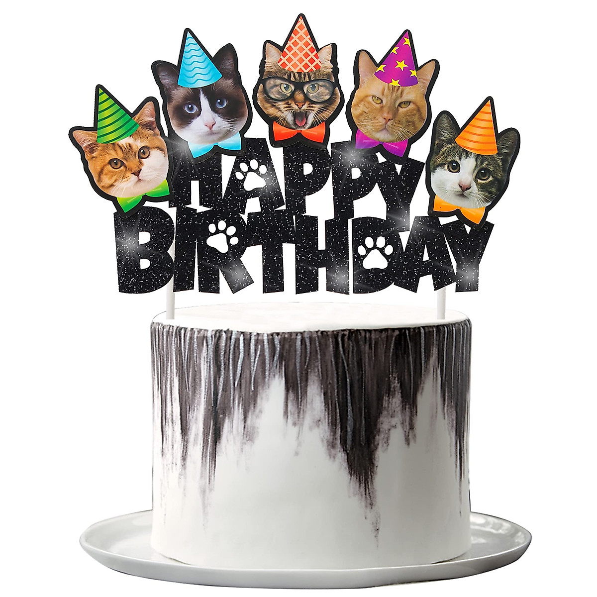 Cat Happy Birthday Cake Topper Cat Theme Party Cake Decoration for Meow Kitty Cat Birthday Party Baby Shower Supplies