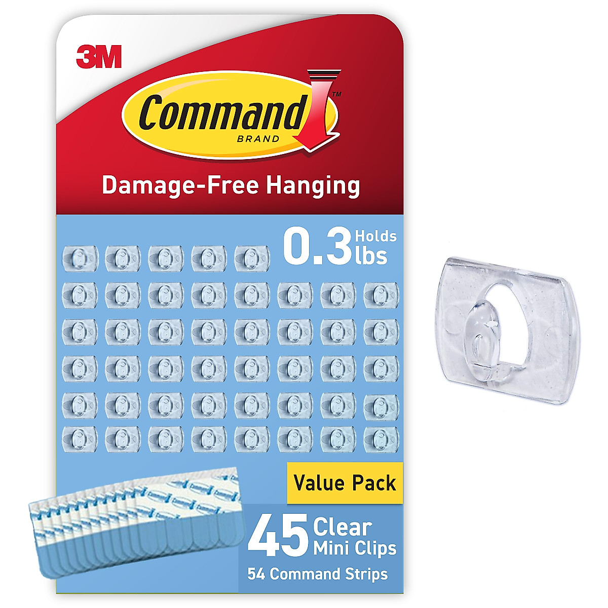 Command Indoor Mini Light Clips, Damage Free Hanging Light Clips with Adhesive Strips, No Tools Mini Wall Clips for Hanging Lights and Cables, 45 Clear Clips and 54 Command Strips