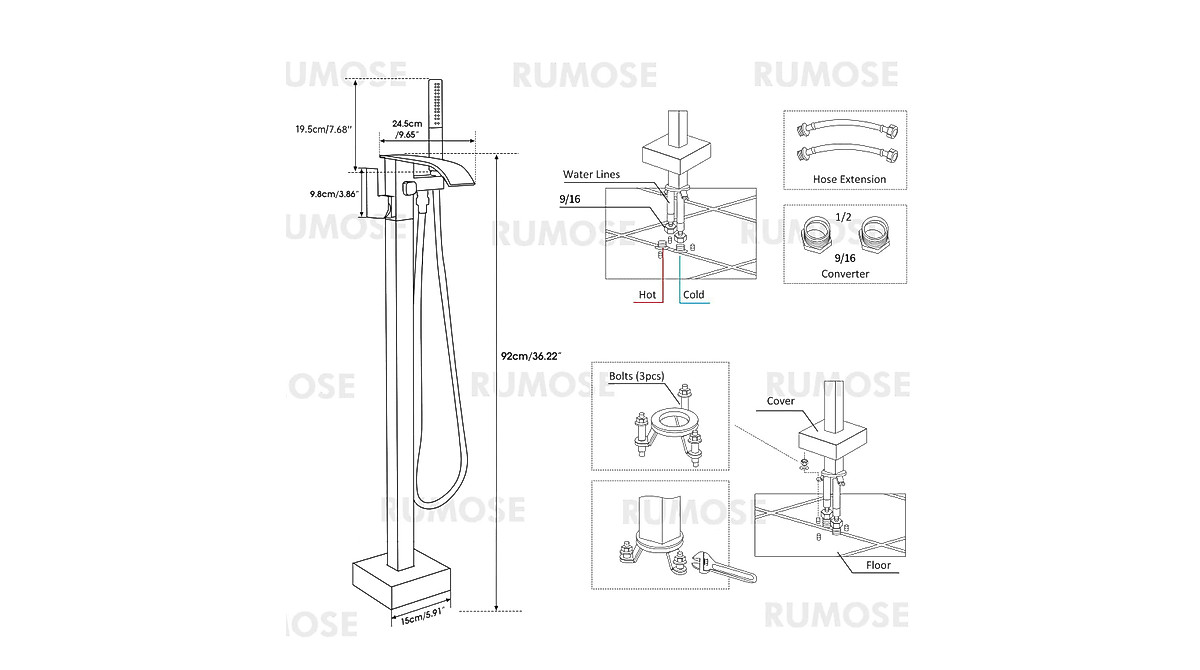 RUMOSE Matte Black Freestanding Tub Filler - High Flow Faucet